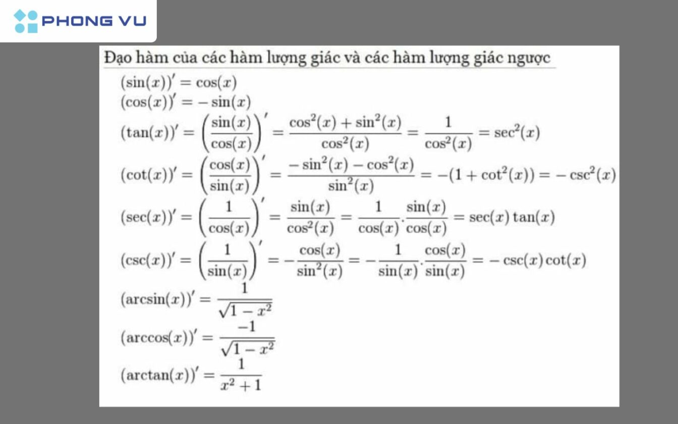 Tổng hợp công thức đạo hàm đầy đủ kèm bài tập dễ hiểu nhất | Phongvu.vn
